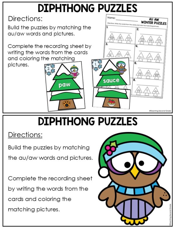 Winter Vowel Diphthongs Puzzles Phonics Center - Teaching Ideas Made Easy