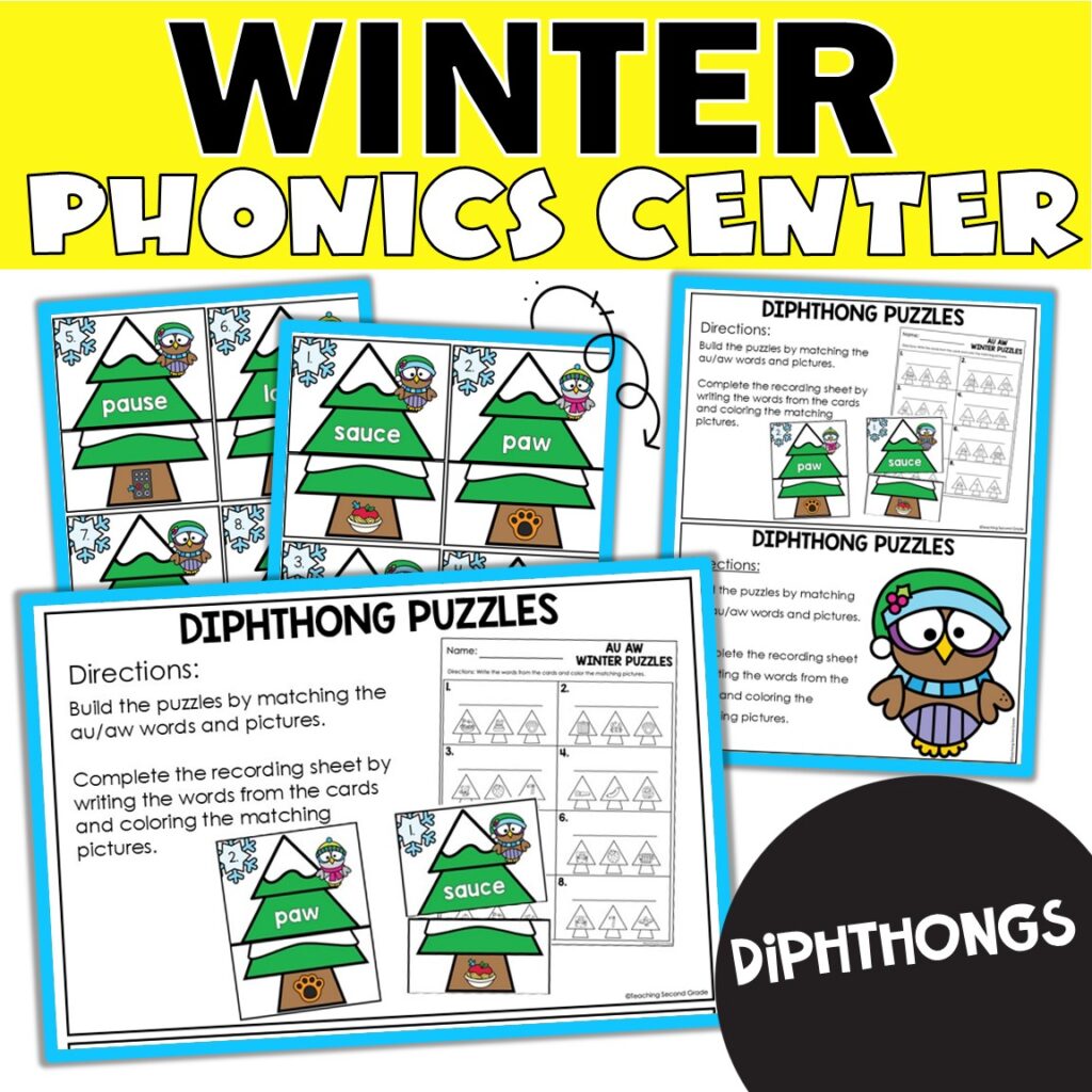 Winter Vowel Diphthongs Puzzles Phonics Center - Teaching Ideas Made Easy