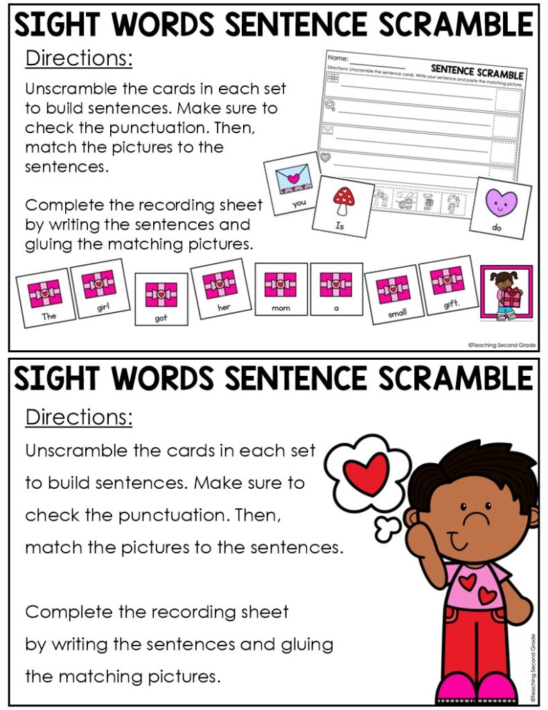 Valentine's Day Sight Word Sentence Scramble Phonics Center - Teaching ...