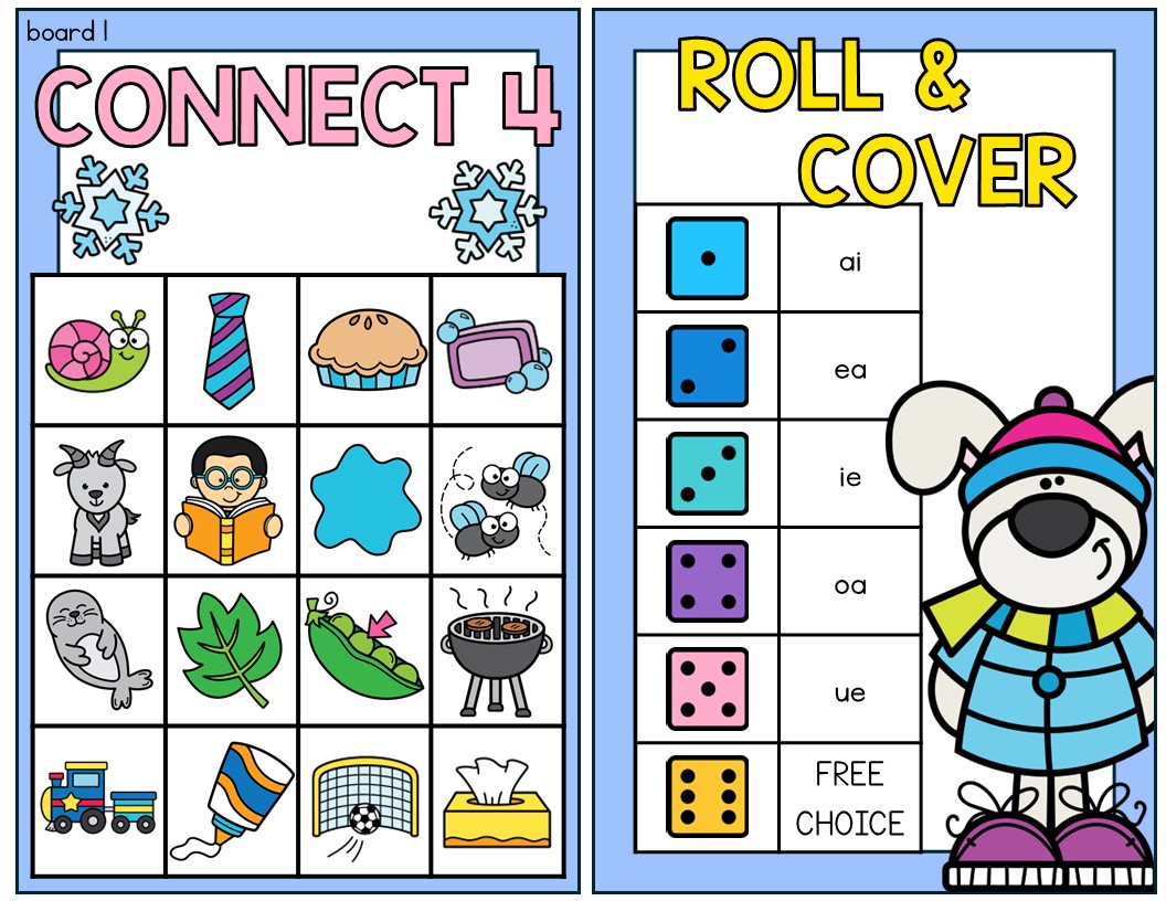 Winter Long Vowels Connect 4 Phonics Center - Teaching Ideas Made Easy