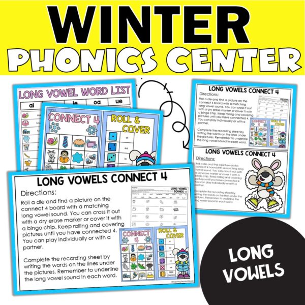Winter Long Vowels Connect 4 Phonics Center - Teaching Ideas Made Easy