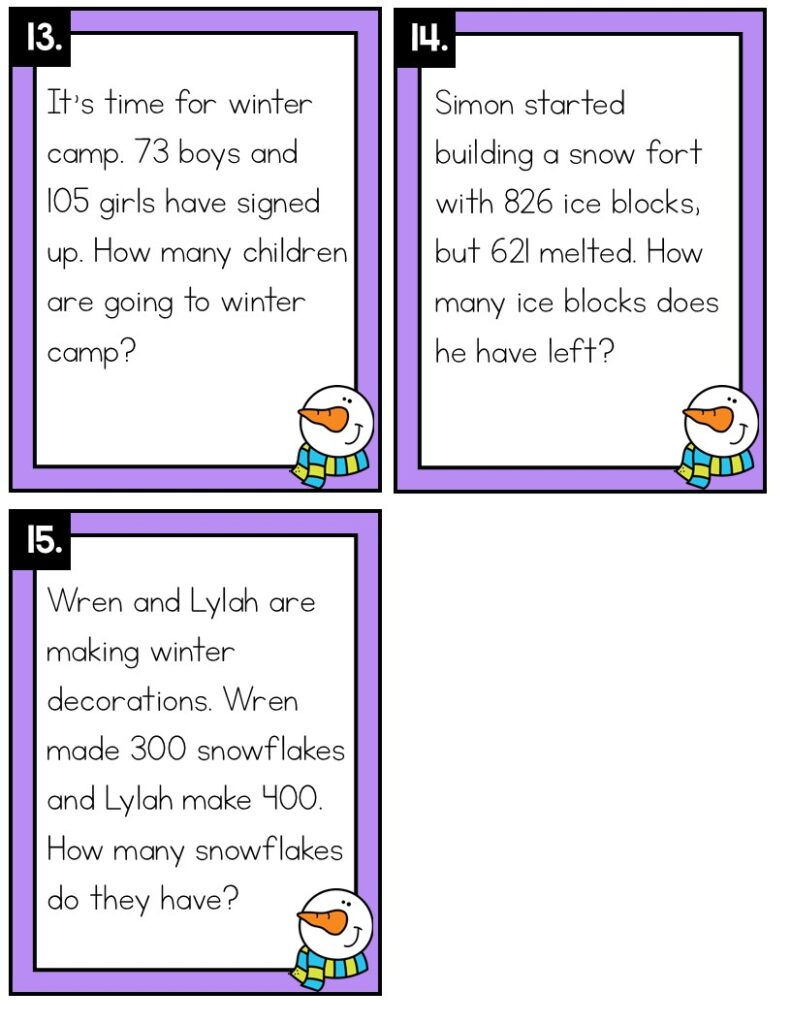 Winter 3-Digit Addition and Subtraction Word Problems Center - Teaching ...