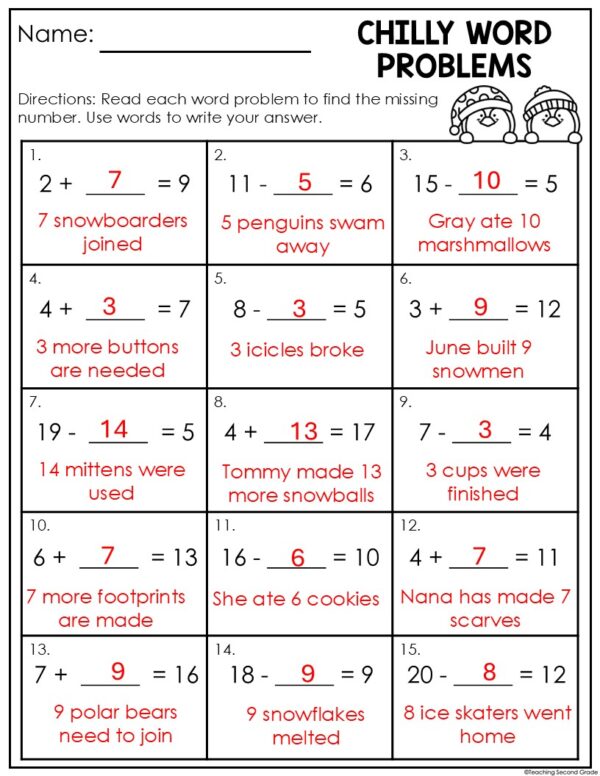 Winter Word Problem Math Center - Seasonal Addition and Subtraction ...