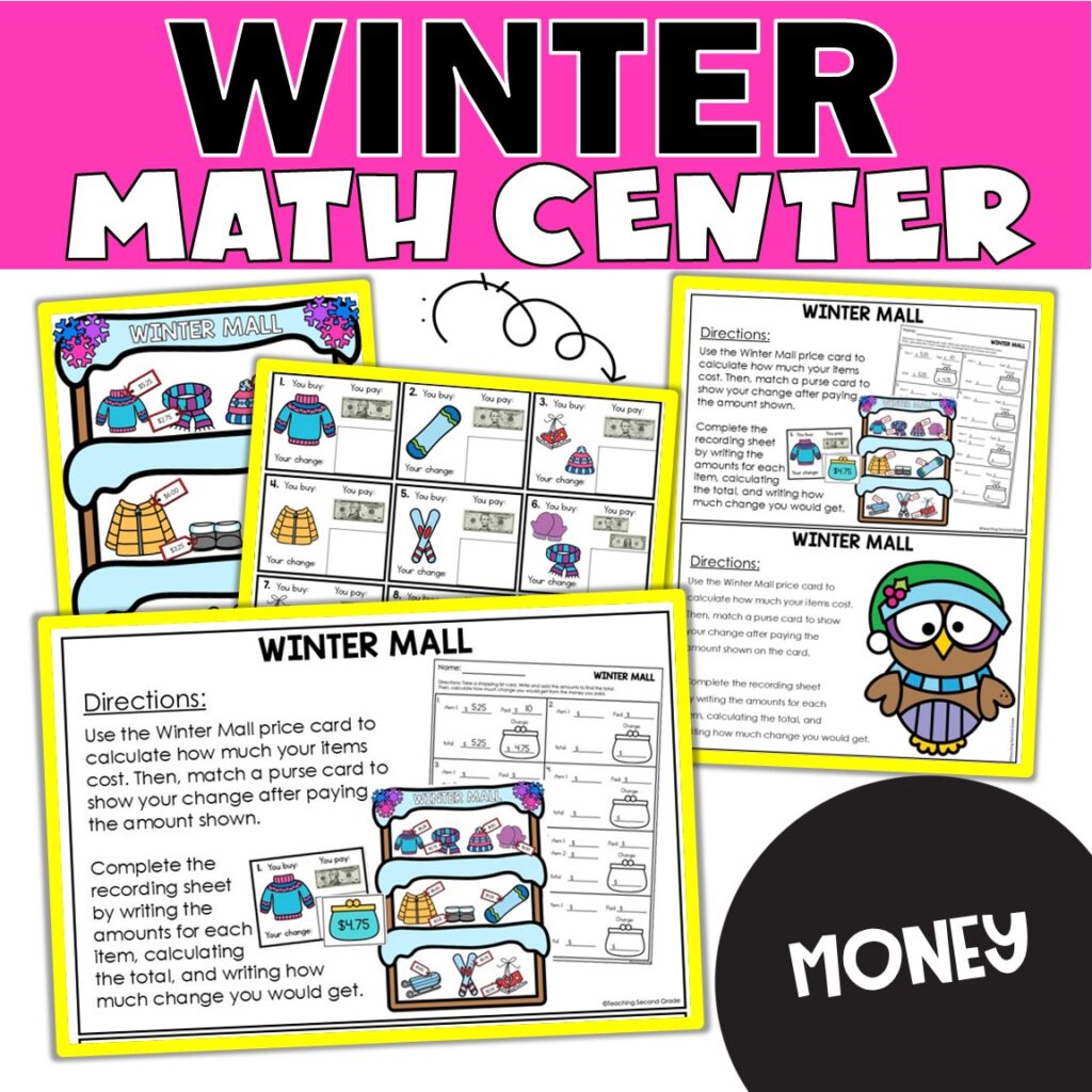 Winter Money Math Center: Calculate Total and Change Dollar Bills and ...