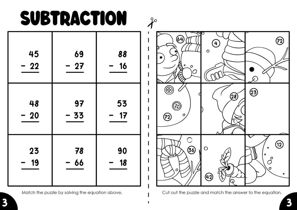 Winter Math Puzzle Worksheets with 2 Digit Subtraction with and without ...