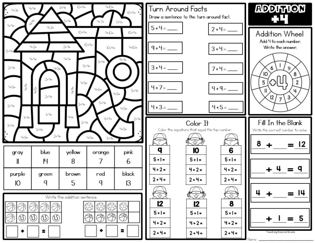 Addition Facts +4 Math Mat Worksheet - Teaching Ideas Made Easy