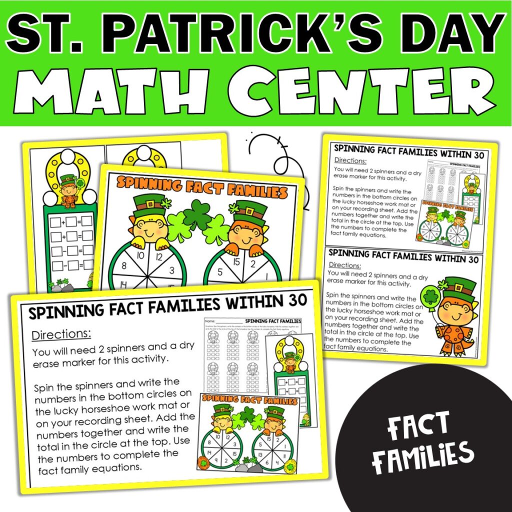 St. Patrick’s Day Fact Families Math Center | Addition & Subtraction ...