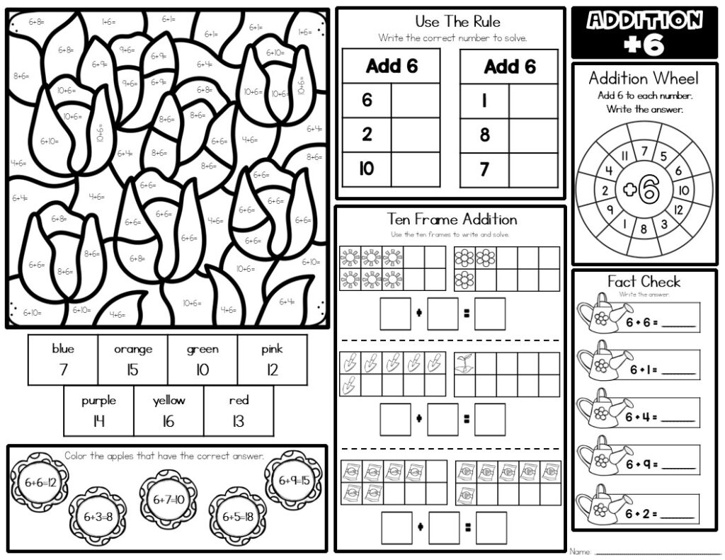 Addition Facts +6 Math Mat Worksheet - Teaching Ideas Made Easy