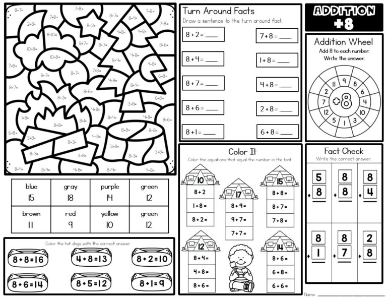Addition Facts +8 Math Mat Worksheet - Teaching Ideas Made Easy