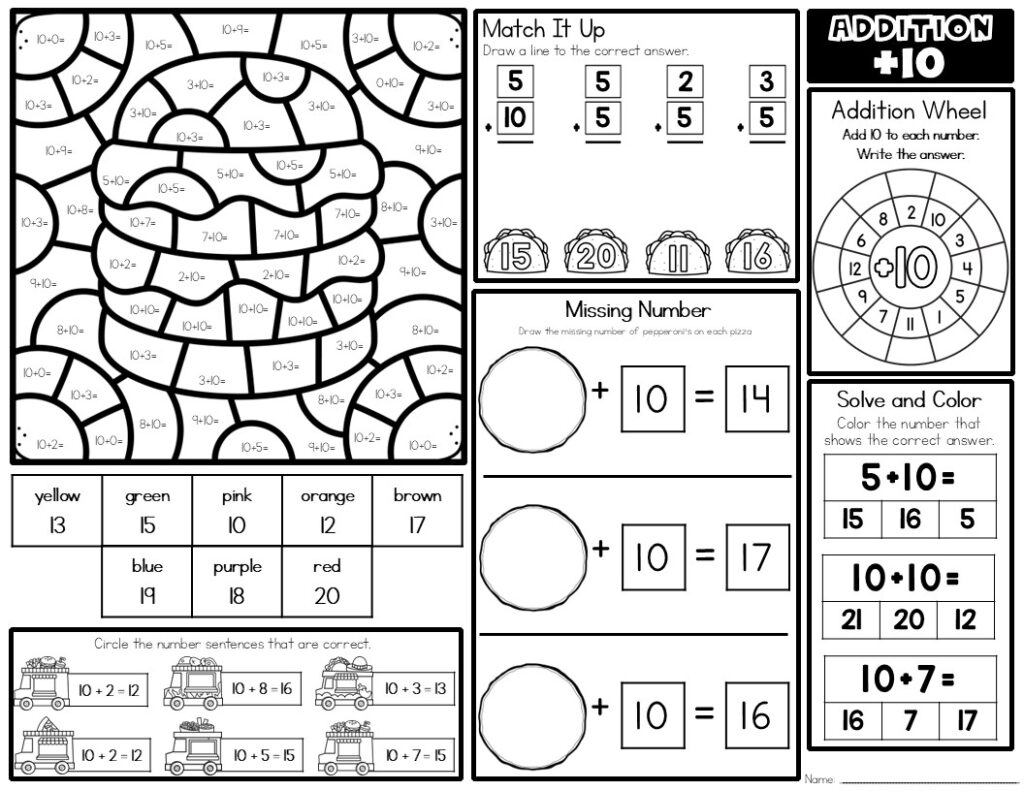 Addition Facts +10 Math Mat Worksheet - Teaching Ideas Made Easy