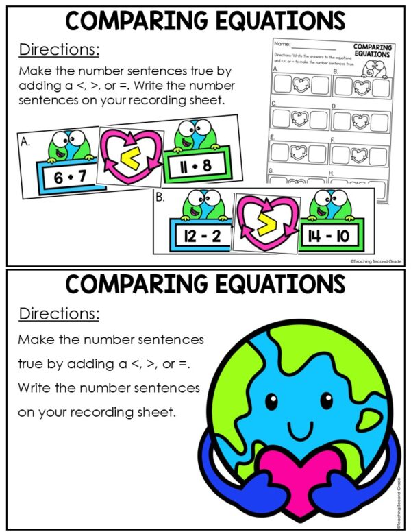 Spring Earth Day Comparing Equations Math Center | Greater Than, Less ...
