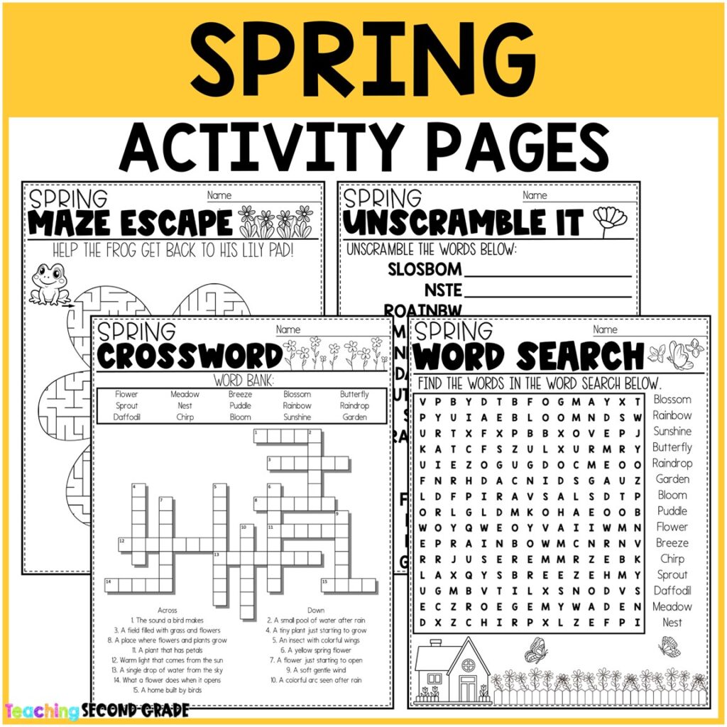 Spring Activity Fun Pack Word Search, Crossword, Scrambled Word Maze ...