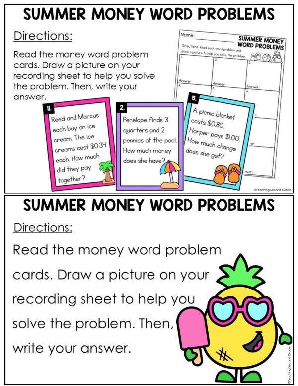 Summer Money Word Problems Math Center | Word Problem Activity 1st ...