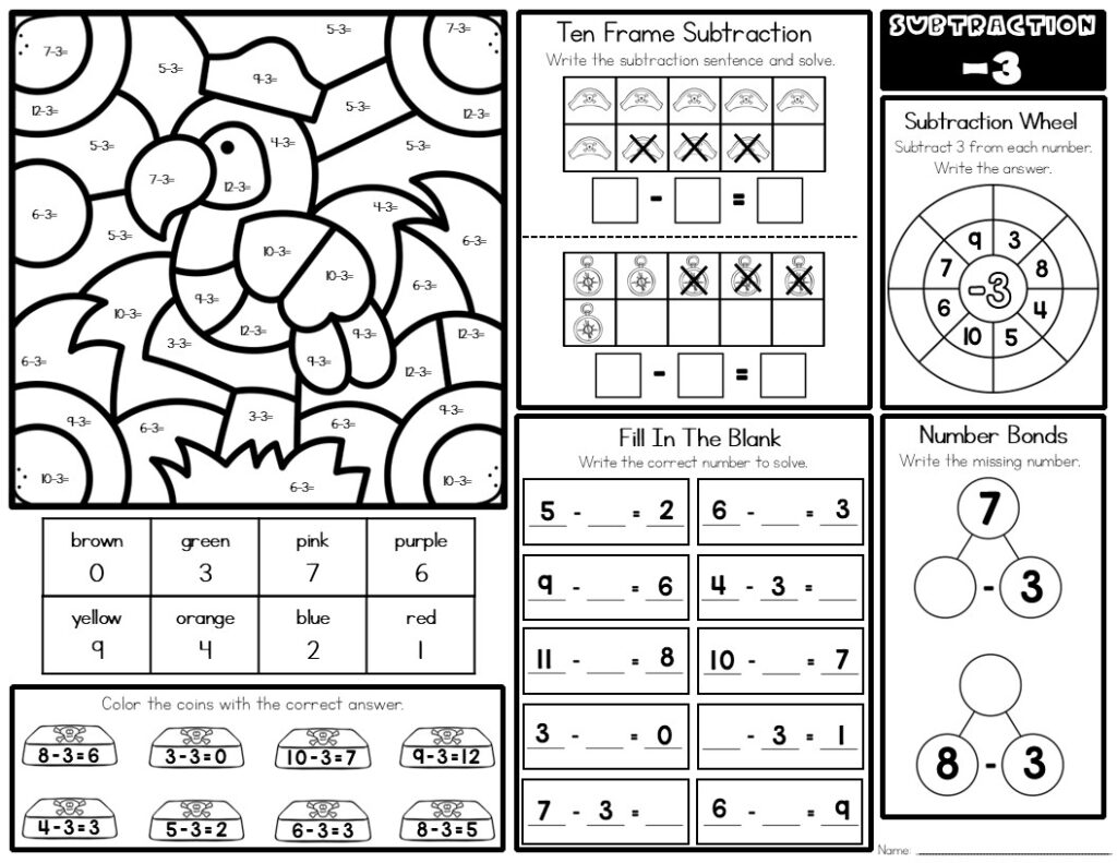 Subtraction Facts -3 Math Mat Worksheet - Teaching Ideas Made Easy