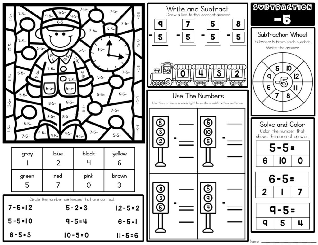 Subtraction Facts -5 Math Mat Worksheet - Teaching Ideas Made Easy