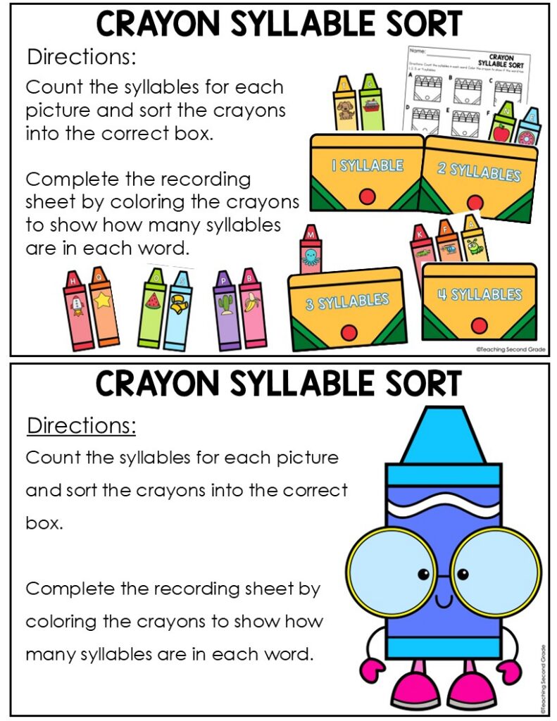 August Syllable Sorting Crayon Activity 1st Grade Phonics Center Back ...