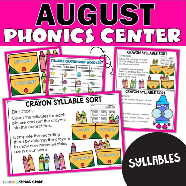August Syllable Sorting Crayon Activity 1st Grade Phonics Center Back ...
