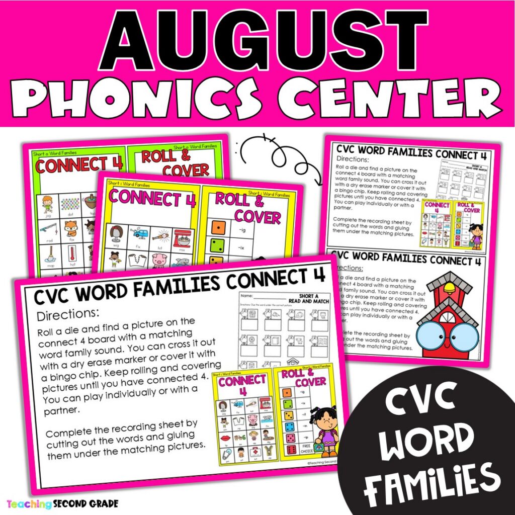 August CVC Word Families Phonics Center – Connect 4 Game with Recording ...
