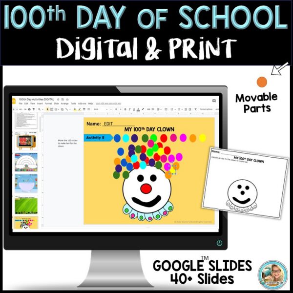 100th Day of School Activities | Google Slides VIRTUAL & PRINT OPTIONS ...