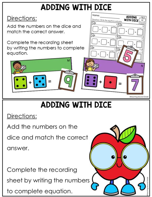 Adding with Dice Match Center | 1st and 2nd Grade - Teaching Ideas Made ...