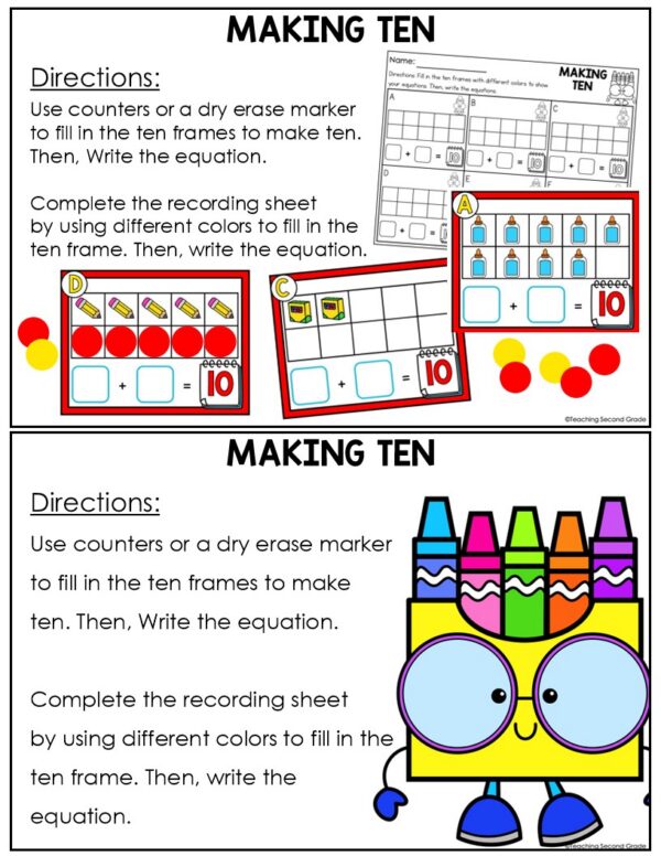 August Making 10 Math Center Ten Frame Addition Practice | Back to ...