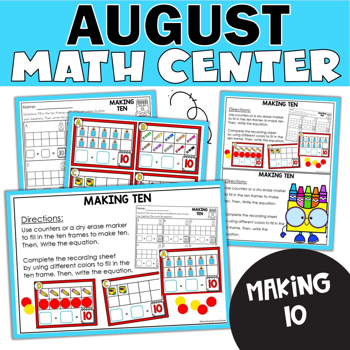 August Making 10 Math Center Ten Frame Addition Practice | Back to ...