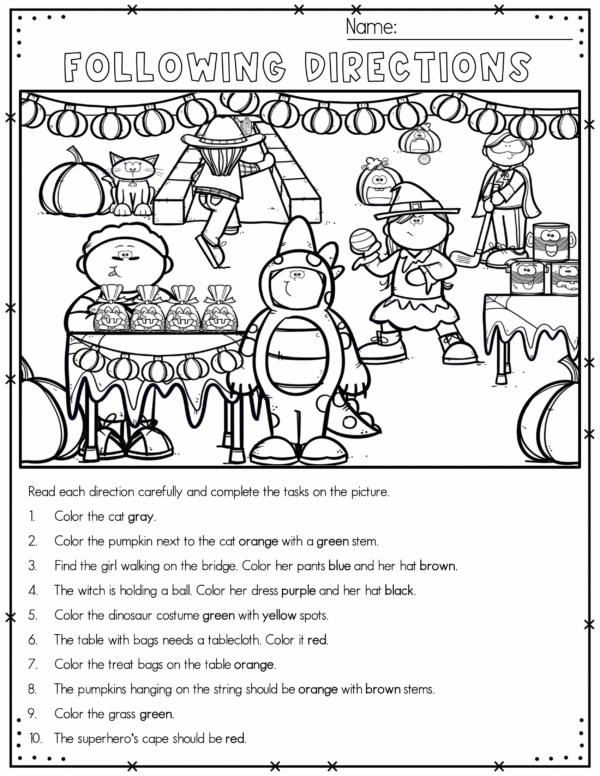 Halloween Following Directions Worksheets | Listening & Reading Skills ...