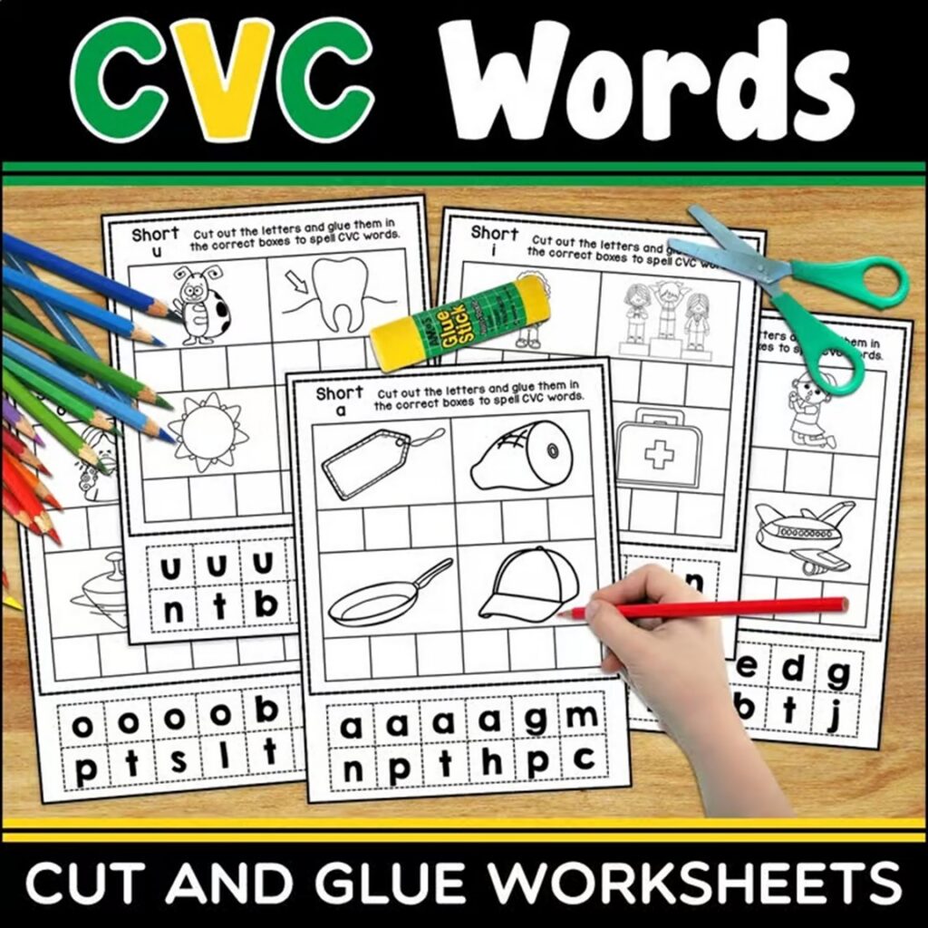 CVC Cut and Paste Worksheets | Short Vowel Phonics Reading & Spelling ...
