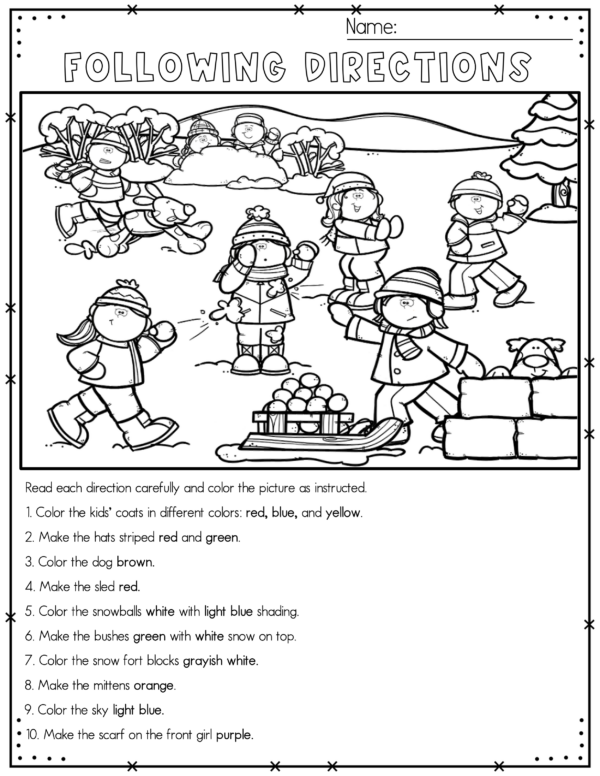 Winter Following Directions Worksheets – 1st and 2nd Grade