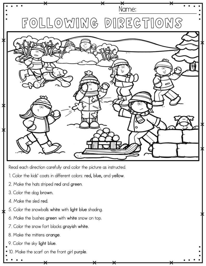 Winter Following Directions Worksheets – 1st and 2nd Grade