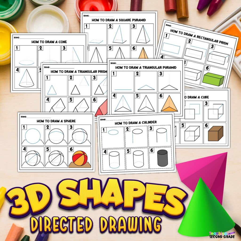 3D Shapes Directed Drawings Geometry Worksheets Step by Step