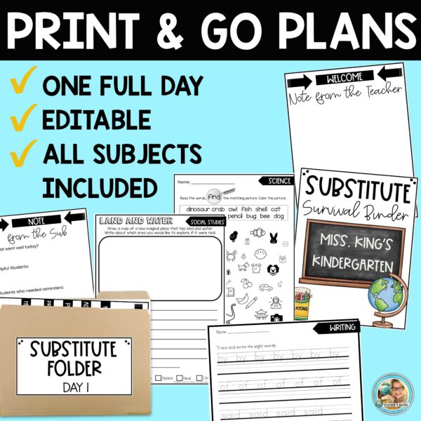 Emergency Sub Plans Kindergarten FULL DAY No Prep Print & Go EDITABLE ...