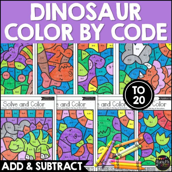 Dinosaur Color by Number Add Subtract to 20 - Teaching Ideas Made Easy