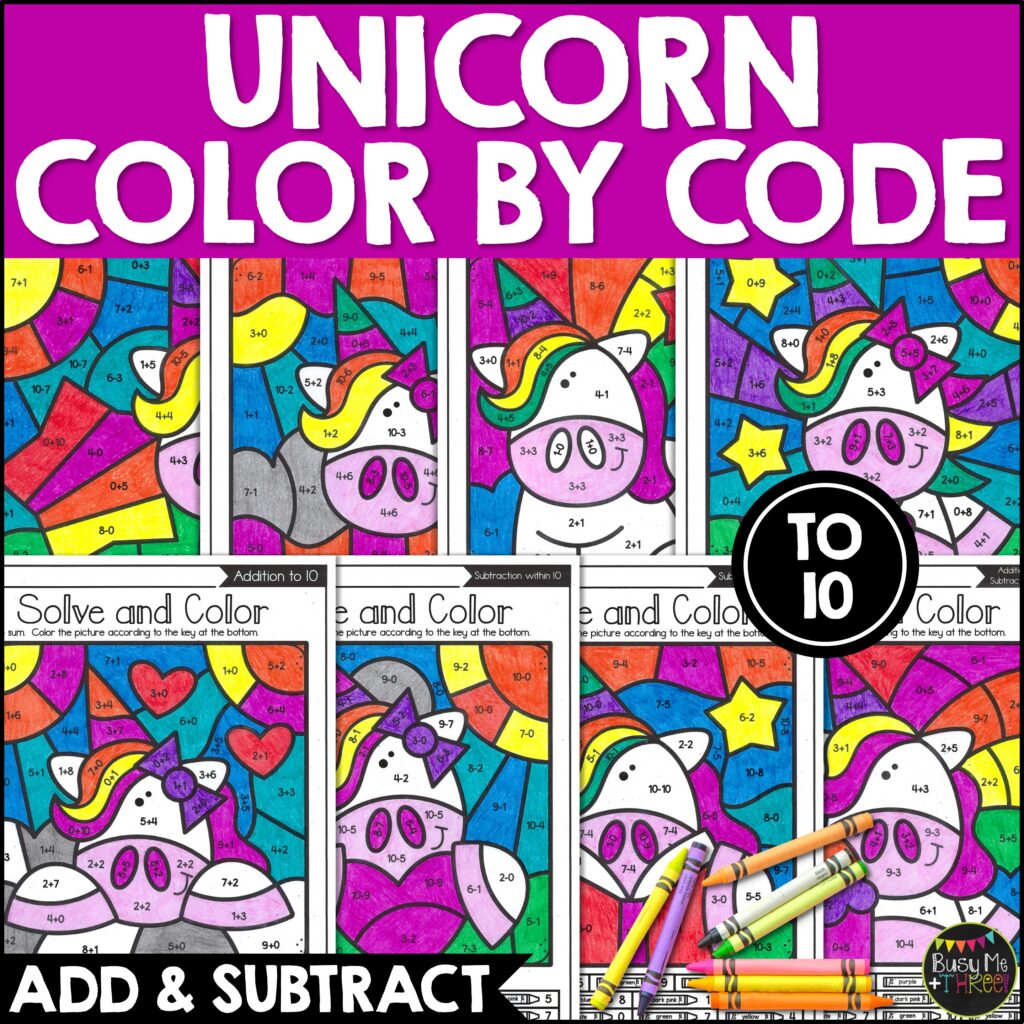 Unicorn Color by Code Math Addition Subtraction to 10 - Teaching Ideas ...