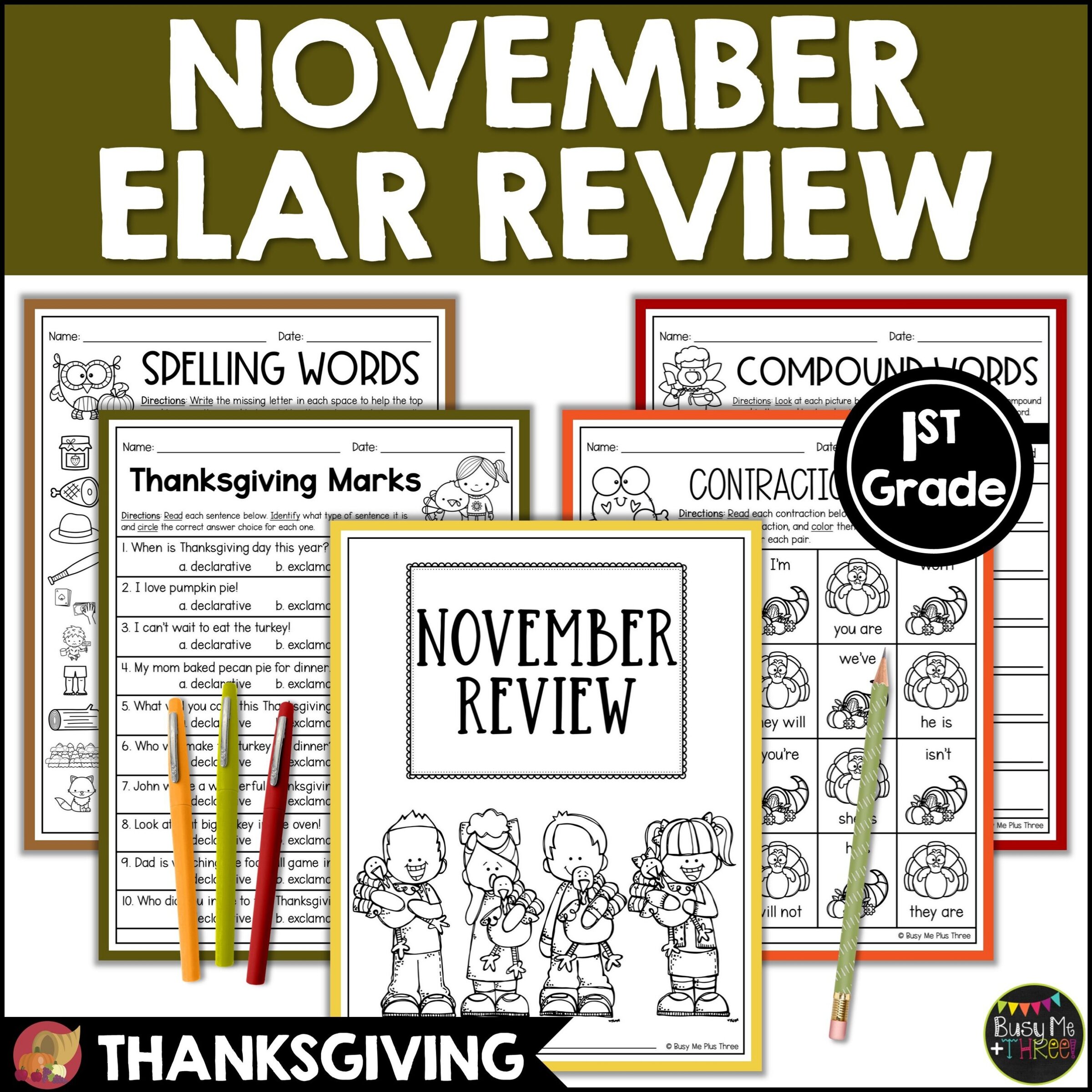 1st Grade Thanksgiving ELA Review No Prep Worksheets - Teaching Ideas ...