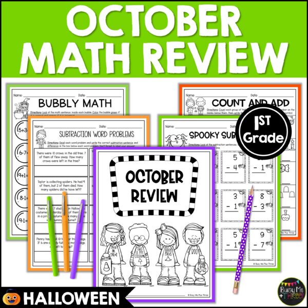 1st Grade Halloween Math No Prep Worksheets October Review - Teaching ...