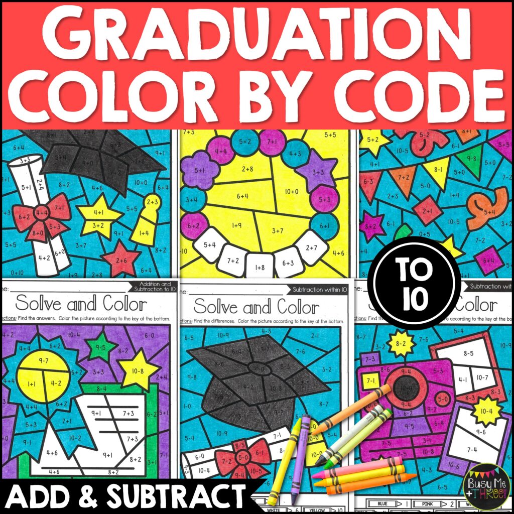 Graduation Color by Number Math Add Subtract K-2 - Teaching Ideas Made Easy