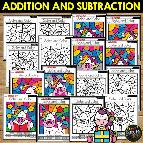 Unicorn Color by Code Addition Subtraction to 20 - Teaching Ideas Made Easy