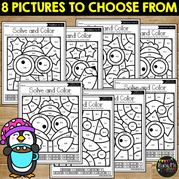 Penguin Color by Code Math Addition Subtraction No Prep - Teaching ...
