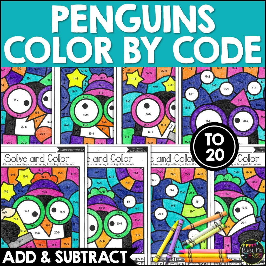 Penguins Color by Code Addition Subtraction to 20 - Teaching Ideas Made ...