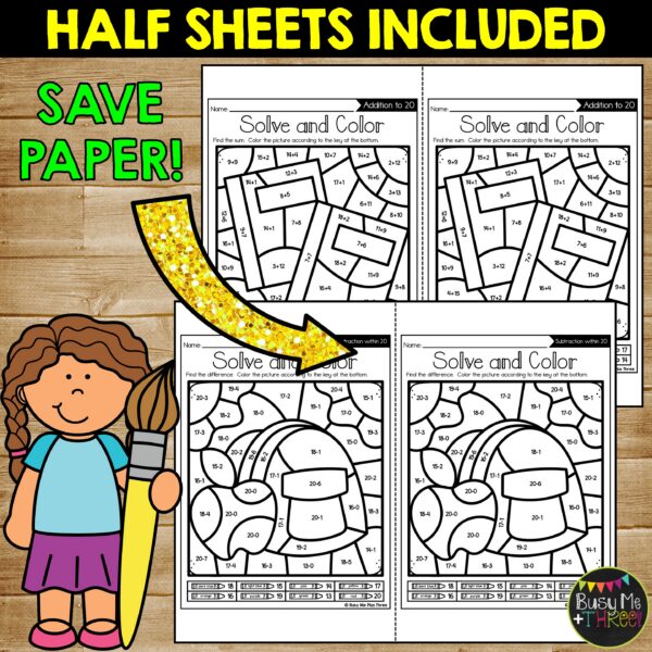 School Supplies Color by Code Addition Subtraction to 20 - Teaching ...
