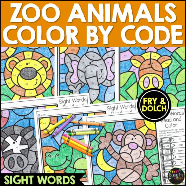 Zoo Animals Color by Code Sight Words Worksheets - Teaching Ideas Made Easy