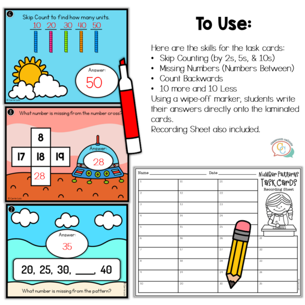1st Grade Number Patterns Task Cards and Worksheets - Teaching Ideas ...