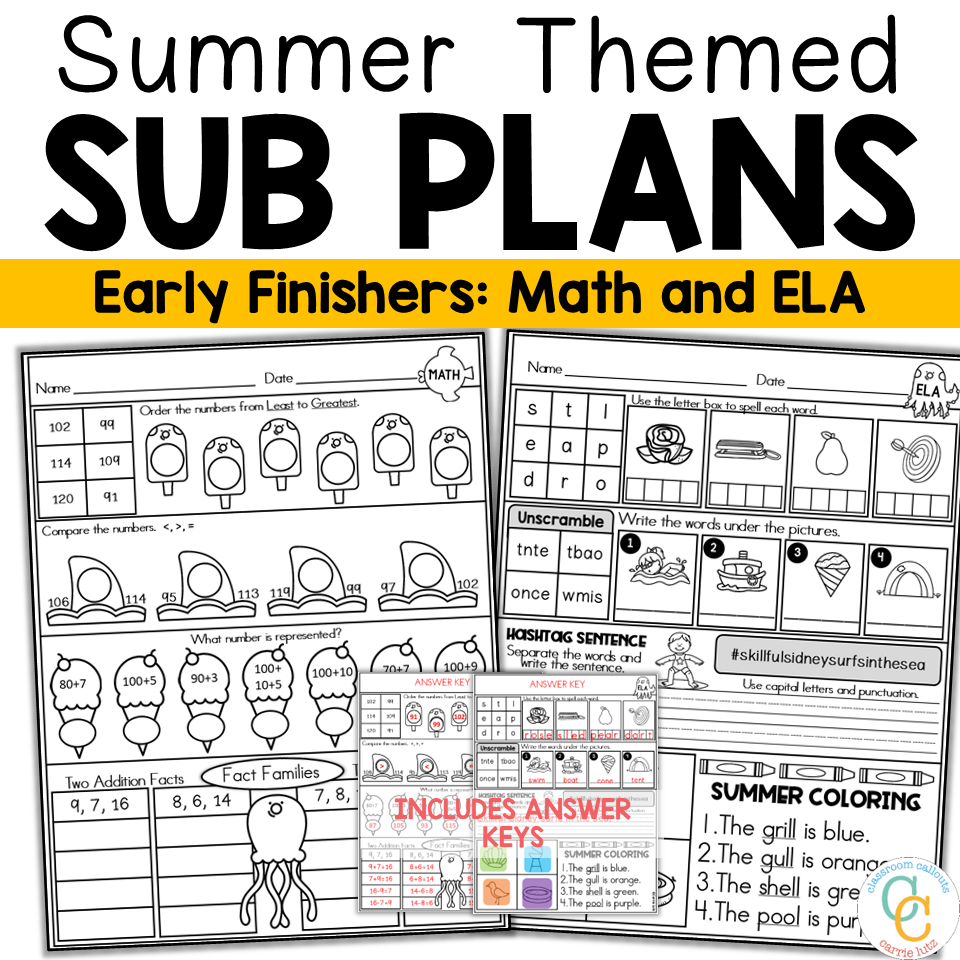 1st Grade Summer Sub Plans No Prep Activities - Teaching Ideas Made Easy