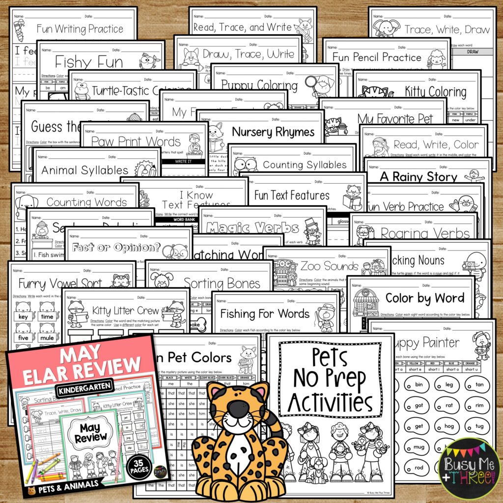 Kindergarten Pets ELA Review No Prep Worksheets May - Teaching Ideas ...