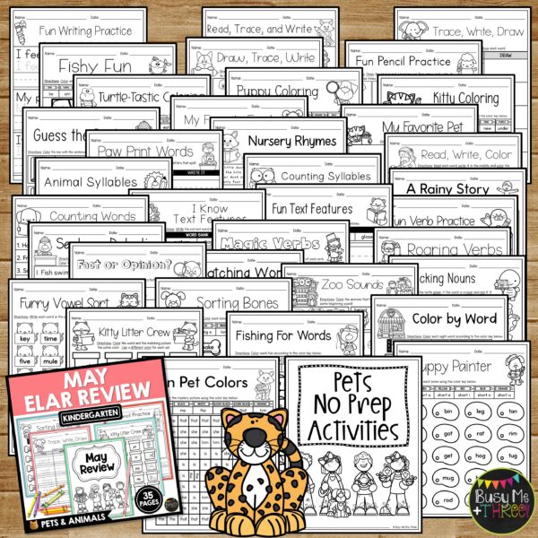 Kindergarten Pets ELA Review No Prep Worksheets May - Teaching Ideas ...