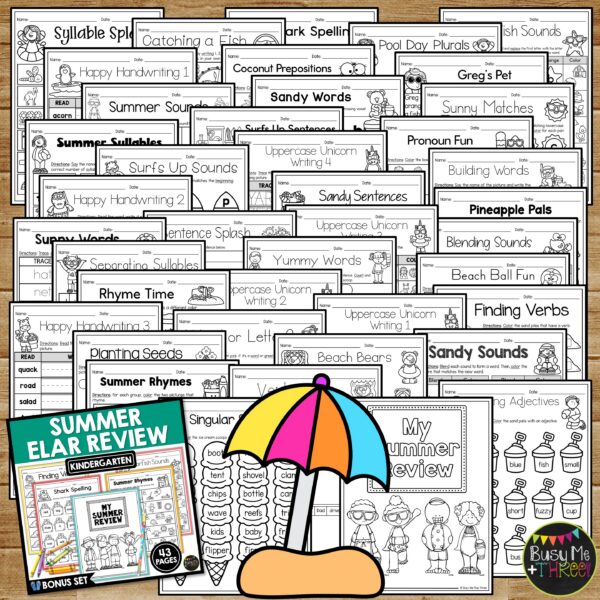 Kindergarten ELA Summer Review No Prep Worksheets - Teaching Ideas Made ...