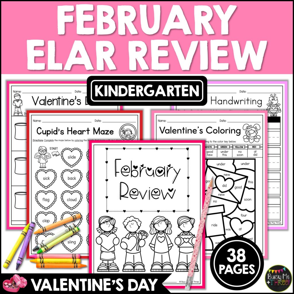 Kindergarten Valentine's Day ELA Review No Prep Worksheets - Teaching ...