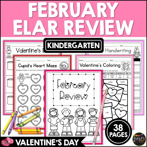 Kindergarten Valentine's Day ELA Review No Prep Worksheets - Teaching ...