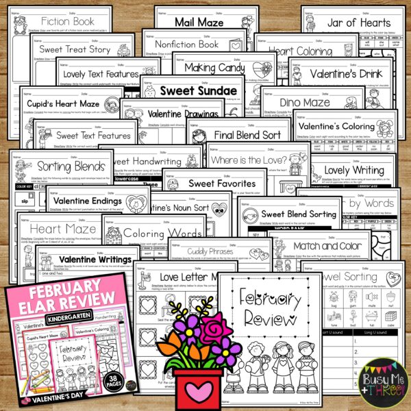 Kindergarten Valentine's Day ELA Review No Prep Worksheets - Teaching ...